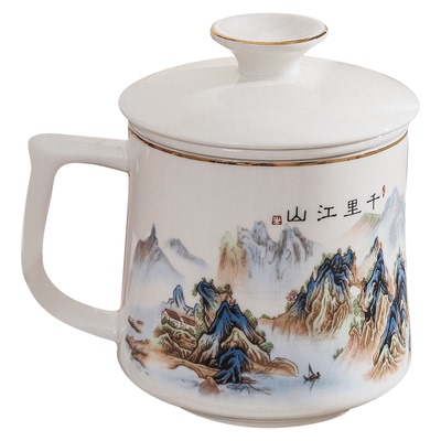 中式带盖陶瓷茶隔杯办公家用水杯
