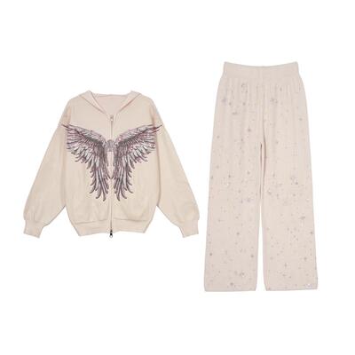 TCH慵懒宽松连帽烫钻星翼拉链衫外套女直筒针织裤套装T78A07E1073