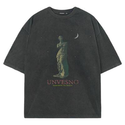 【洗水做旧】Unvesno(UN) 夜空维纳斯印花磨破工艺情侣款短袖T恤