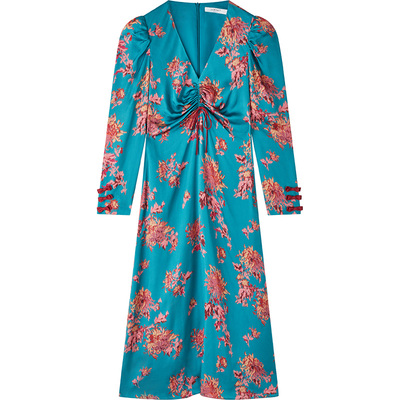 LK BENNETT蓝色印花连衣裙秋新款法式V领抽褶撞色气质中长款