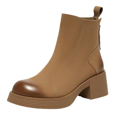 百思图冬商场新款时尚美拉德舒适羊皮靴厚底粗跟短靴女U6588DD4