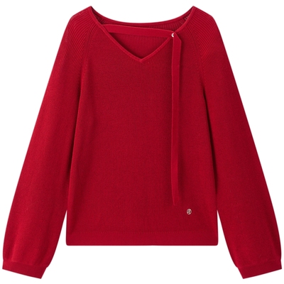 太平鸟红色V领飘带仪式感针织衫