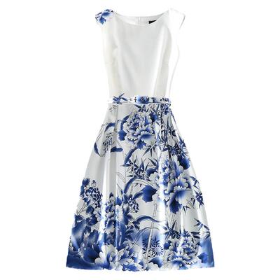 2026春夏新款高端气质女装小个子修身无袖青花瓷印花无袖连衣裙子