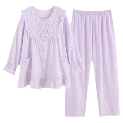 罗丝美纯棉睡衣女士直贡圆领镶蕾丝家居服经典系列秋冬新款 11241