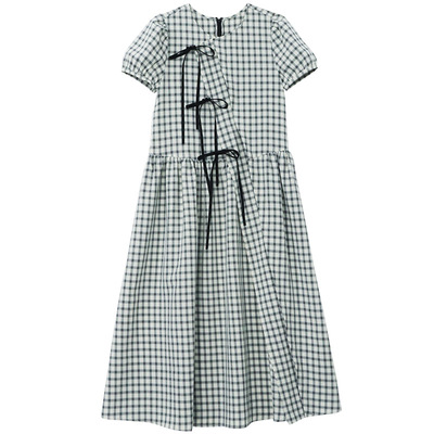 系带蝴蝶结双色背心短袖连衣裙