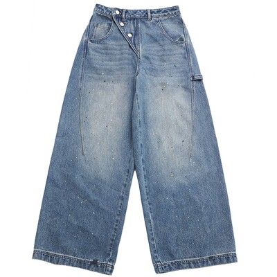 斜门襟艺术彩点泼墨直筒牛仔裤