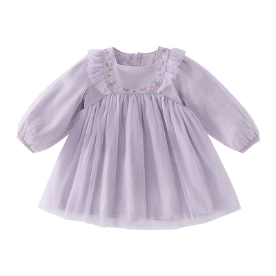 女童连衣裙春款宝宝法式方领刺绣生日公主裙洋气裙子儿童网纱礼服