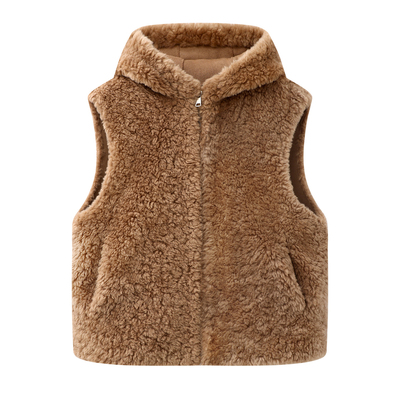 卡其色宽松连帽仿皮草马甲女背心