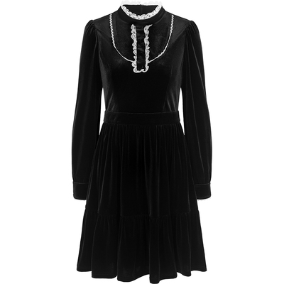 宫廷风轻礼木耳边立领丝绒连衣裙