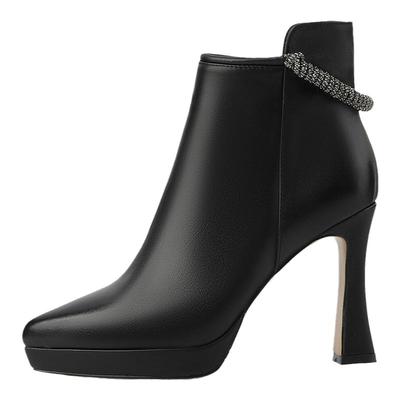 Mi.sili真皮黑色粗跟短靴