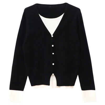 双色轻薄款V领假两件垂感针织衫