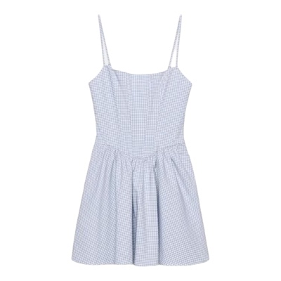 ZA外贸出口女装清新蓝白小格纹鱼骨收腰束身迷你连衣裙 2180337