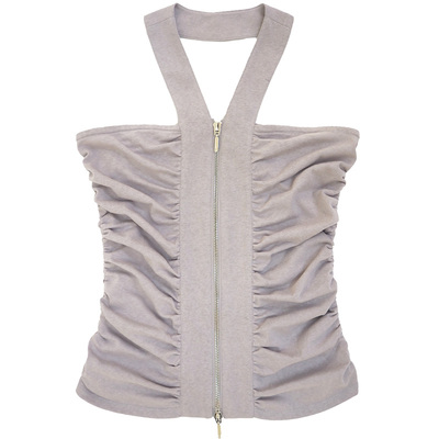 棉感混纺拉链抽褶修身挂脖背心