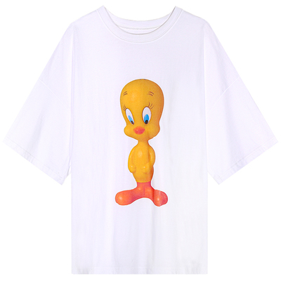 今屿花花白色印花T恤女宽松