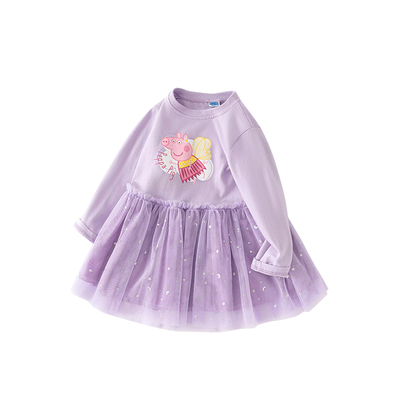 小猪佩奇女童网纱裙公主裙连身裙秋季新款女宝洋气紫色长袖连衣裙