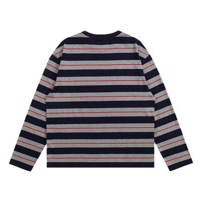 通勤灰蓝条纹全棉长袖T恤