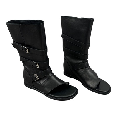 中筒真皮时装靴平底夹趾套筒凉靴