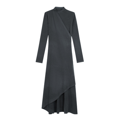 MULVAN 心动缪斯 半高领长袖针织连衣裙女设计感开叉修身气质长裙