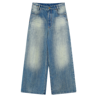 复古做旧蓝落裆宽松阔腿牛仔裤