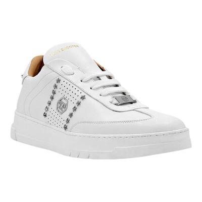 PhilippPlein男鞋金属星形饰透气白色小牛皮系带低帮运动鞋