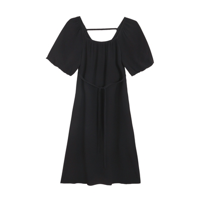 MSLAN优雅方领宽松露背连衣裙