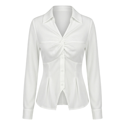 Sun雅乔【伦敦画报】夏季防晒气质扭结竖条纹衬衣白色衬衫女长袖