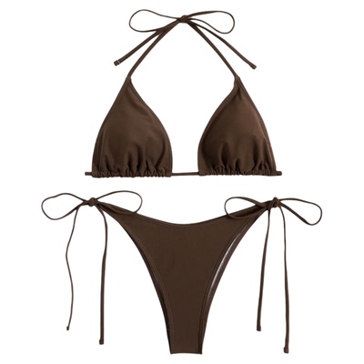 Solid color lace up backless bikini set纯色系带露背泳装套装