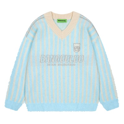 NERESUM日系可爱V领条纹毛衣