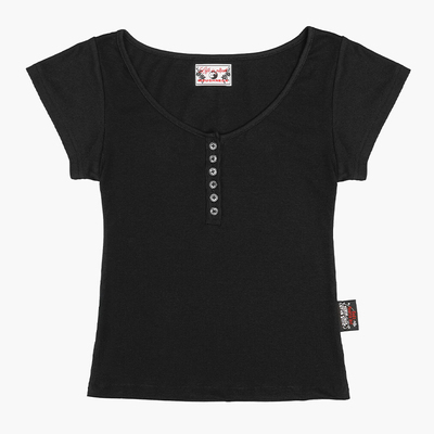 韩国代购飞袖T恤女复古亨利U型领