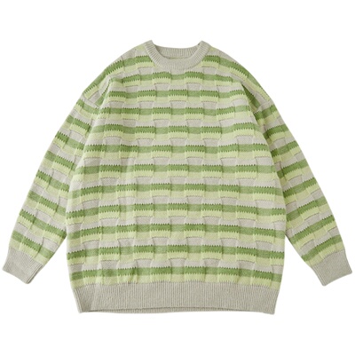 日系秋冬条纹格气质针织圆领毛衣