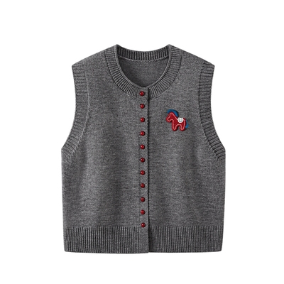 她池时尚圆领单排扣短款针织马夹