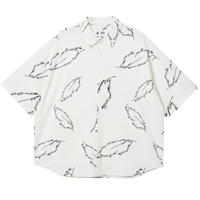 杰克琼斯男装秋季新款时尚全棉满印宽松休闲尖领短袖休闲衬衫上衣