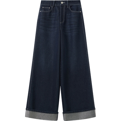 播商场同款深蓝色通勤阔腿牛仔裤女冬季新款宽松长裤BDS4KD3664