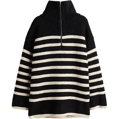 HM女装毛针织衫冬季条纹拉链高领罗纹针织套衫1089156