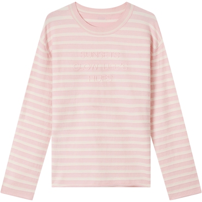 有兰粉白条纹圆领羊毛卷边毛衣