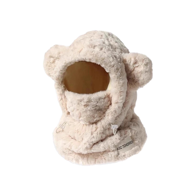 可爱加厚毛绒小熊帽子围巾一体女秋冬季韩版保暖护耳帽骑车防寒潮