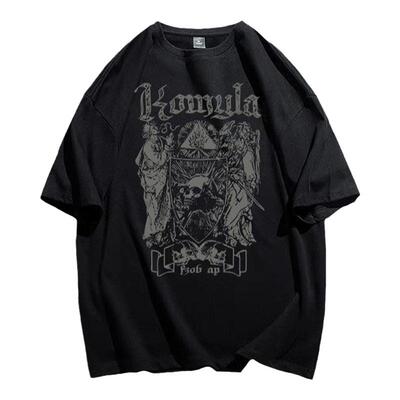 夏季hiphop级感炸街上衣ins潮纯棉美式暗黑骷髅头短袖T恤男女同款