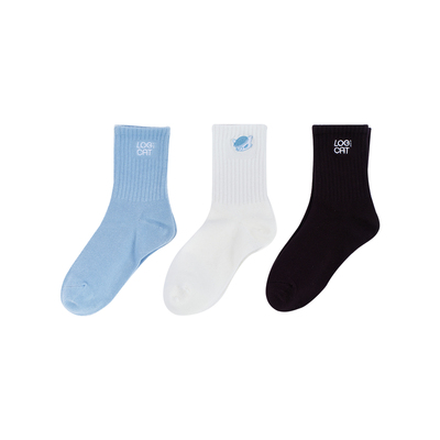 LOGICAT猫咪袜子秋季新款刺绣基础色百搭吸汗透气男女袜子中筒袜