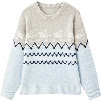 【商场同款】乐町费尔岛蓝色毛衣冬新款天鹅提花针织衫C1EEF4418