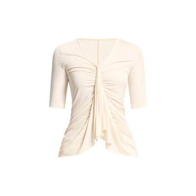 Tuwhy夏季V领抽褶修身女T恤