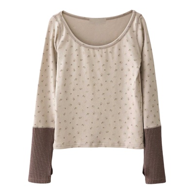 eihey诶嘿26秋冬甜美风碎花条纹长袖T恤大圆领套头手部保暖打底衫