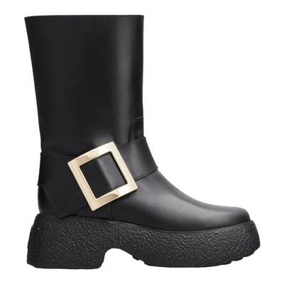 RogerVivier/罗杰维维亚女士靴子裸靴皮革方头金属扣带平底新款