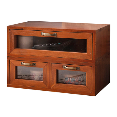 zakka复古化妆品置物架桌面收纳盒木质整理抽屉式家用电脑增高架