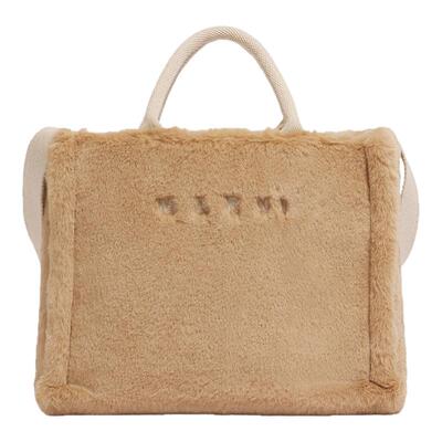 【24期免息】MARNI RAFFIA SHOPPER 中号毛绒LOGO手提包托特包