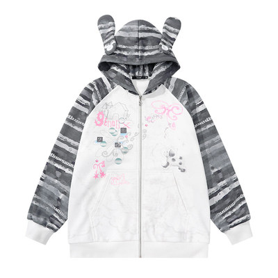 GENANX闪电潮牌2025秋季新款开衫卫衣可爱兔耳朵帽子情侣夹克外套