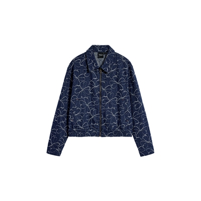 Desigual深蓝色花朵提花翻领拉链牛仔夹克女士外套