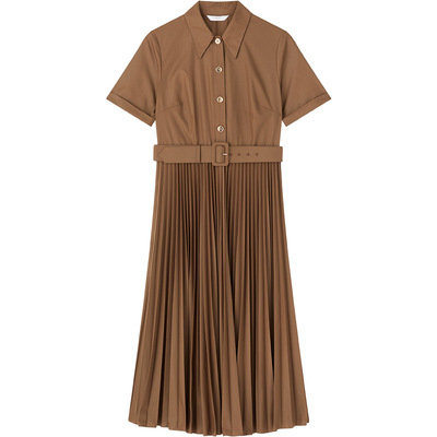 LK BENNETT咖啡色连衣裙2025年春夏新款衬衫裙高级感短袖百褶裙