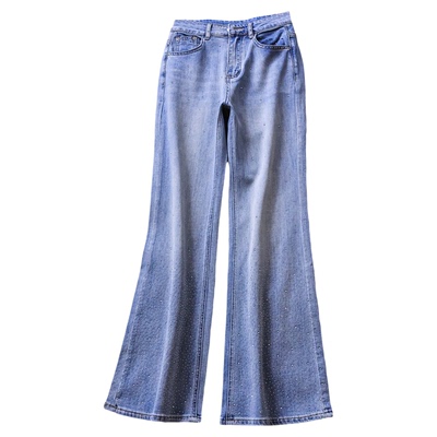 爆闪烫钻宽松显瘦高腰微喇牛仔裤