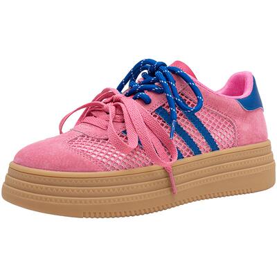 百思图夏新款网面透气红色德训鞋厚底运动鞋女休闲鞋I5790BM5