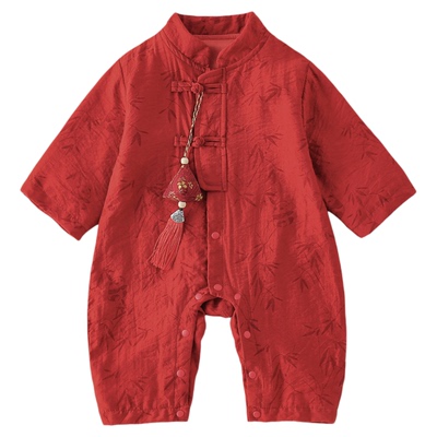 新中式百天婴儿春秋季喜庆连体衣